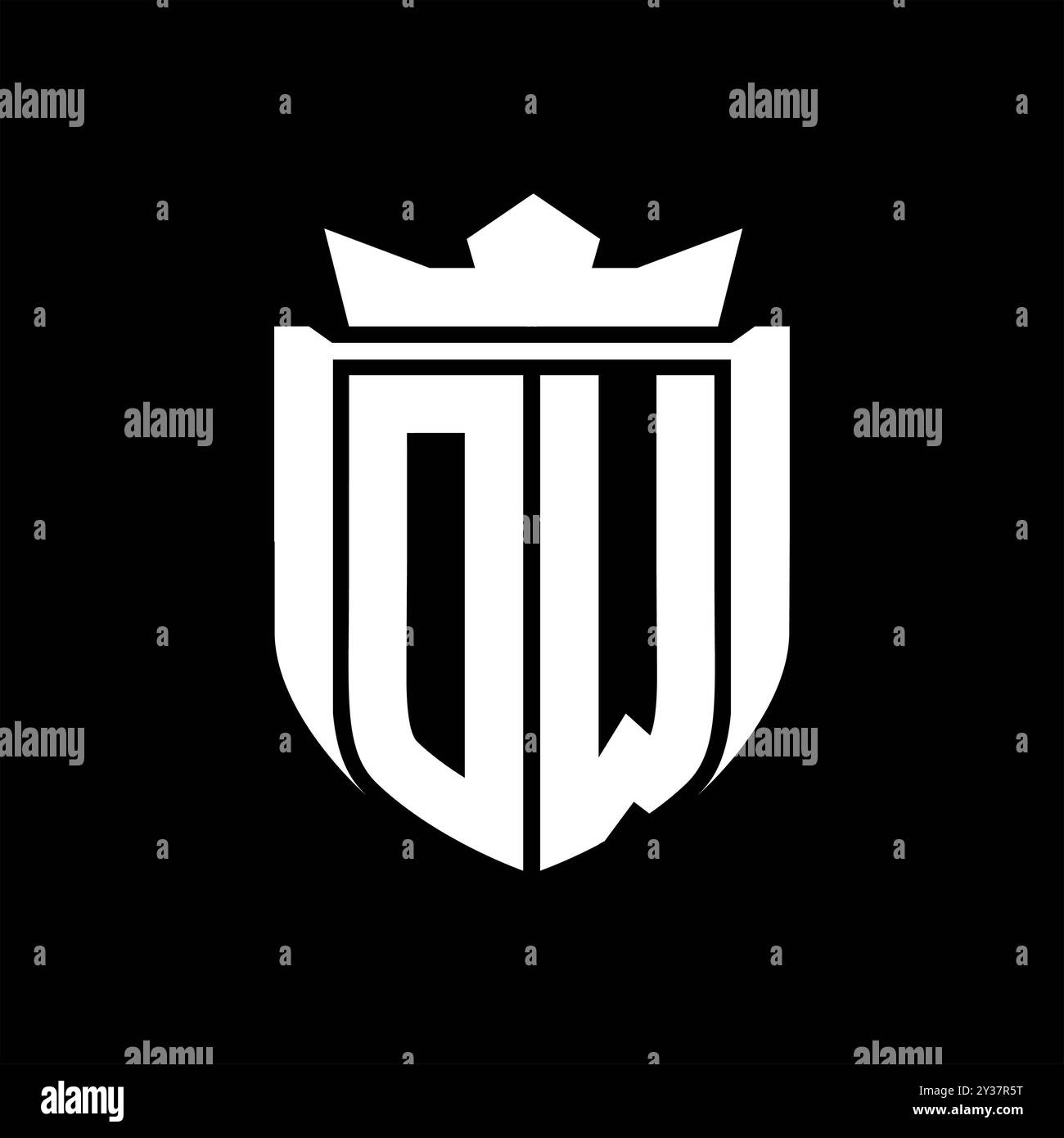 DW Letter logo with shield shape inside shield badge crown on black ...