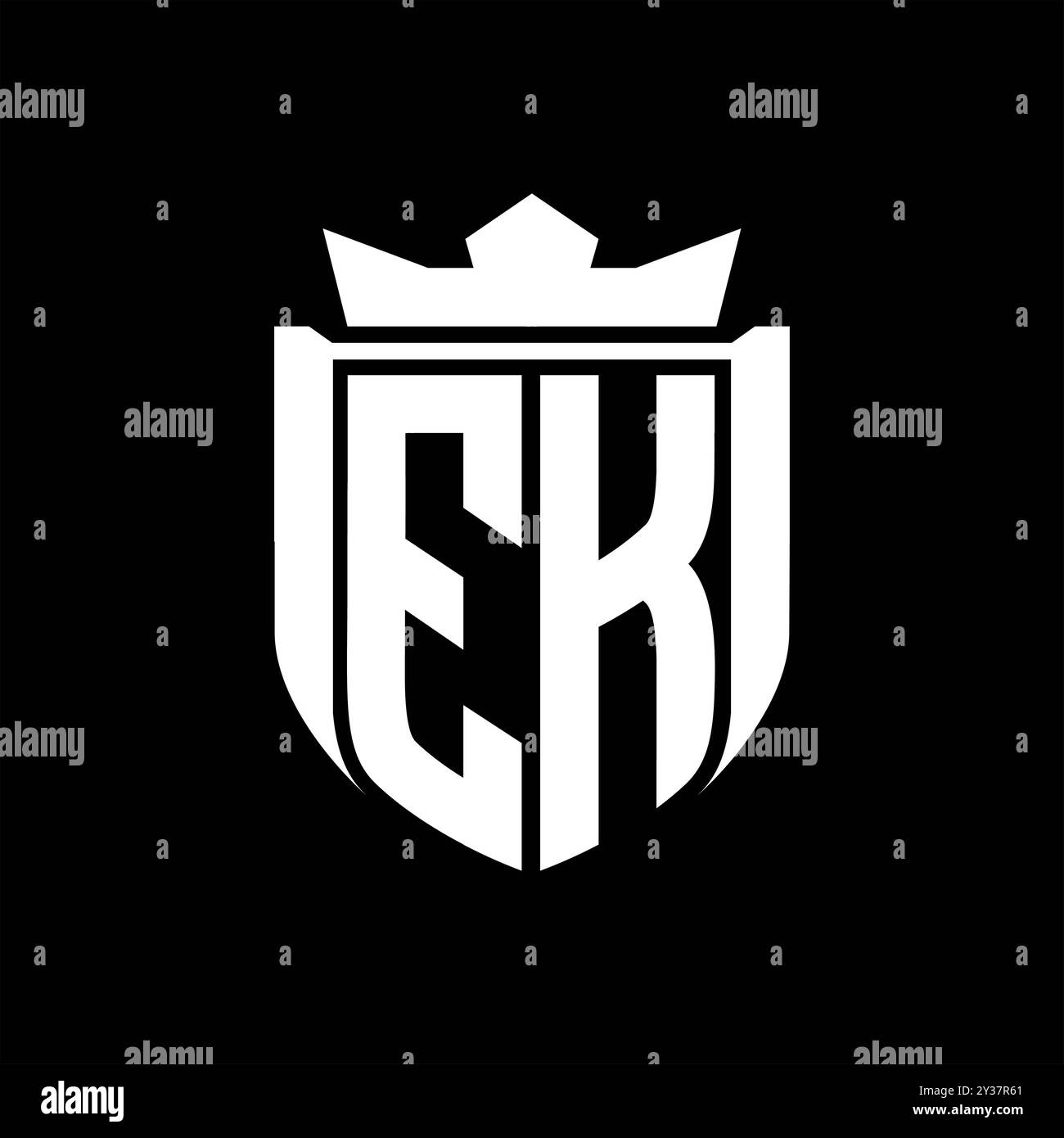 EK Letter logo with shield shape inside shield badge crown on black background template design ...