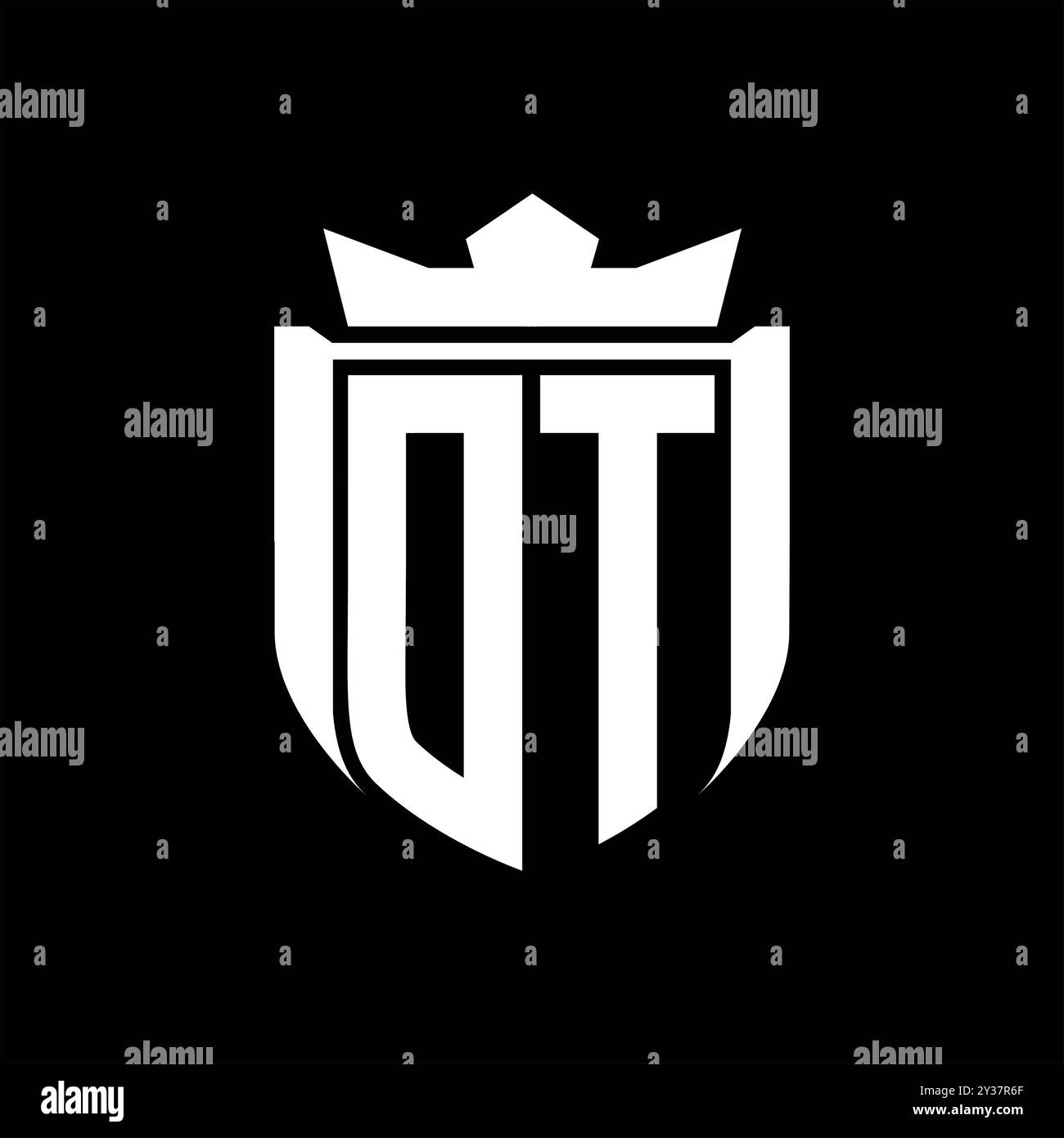 DT Letter logo with shield shape inside shield badge crown on black ...