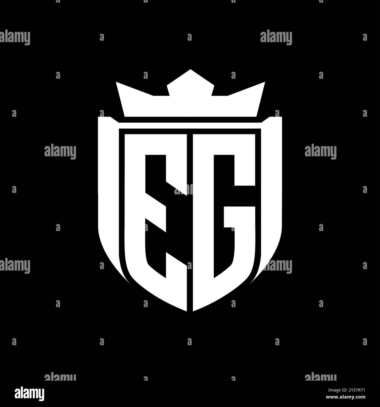 EG Letter logo with shield shape inside shield badge crown on black ...