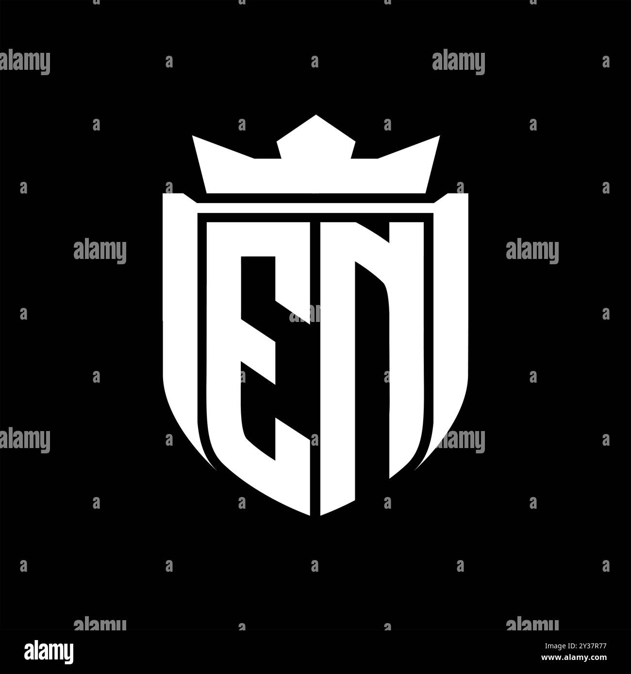 EN Letter logo with shield shape inside shield badge crown on black background template design ...