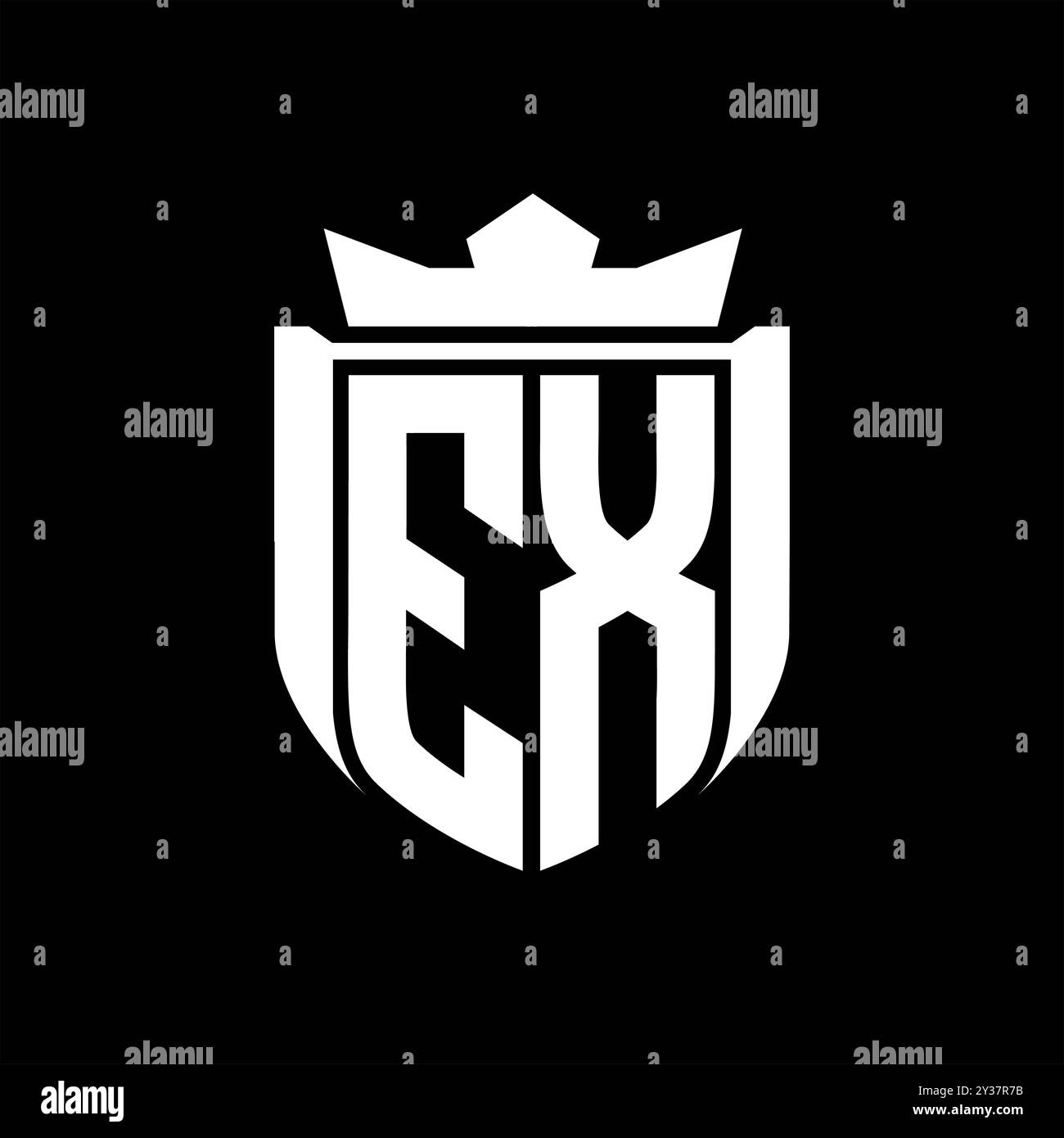 EX Letter logo with shield shape inside shield badge crown on black ...