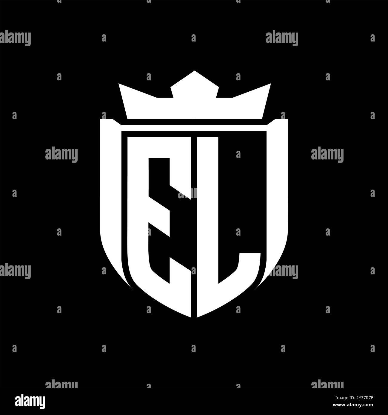 EL Letter logo with shield shape inside shield badge crown on black ...