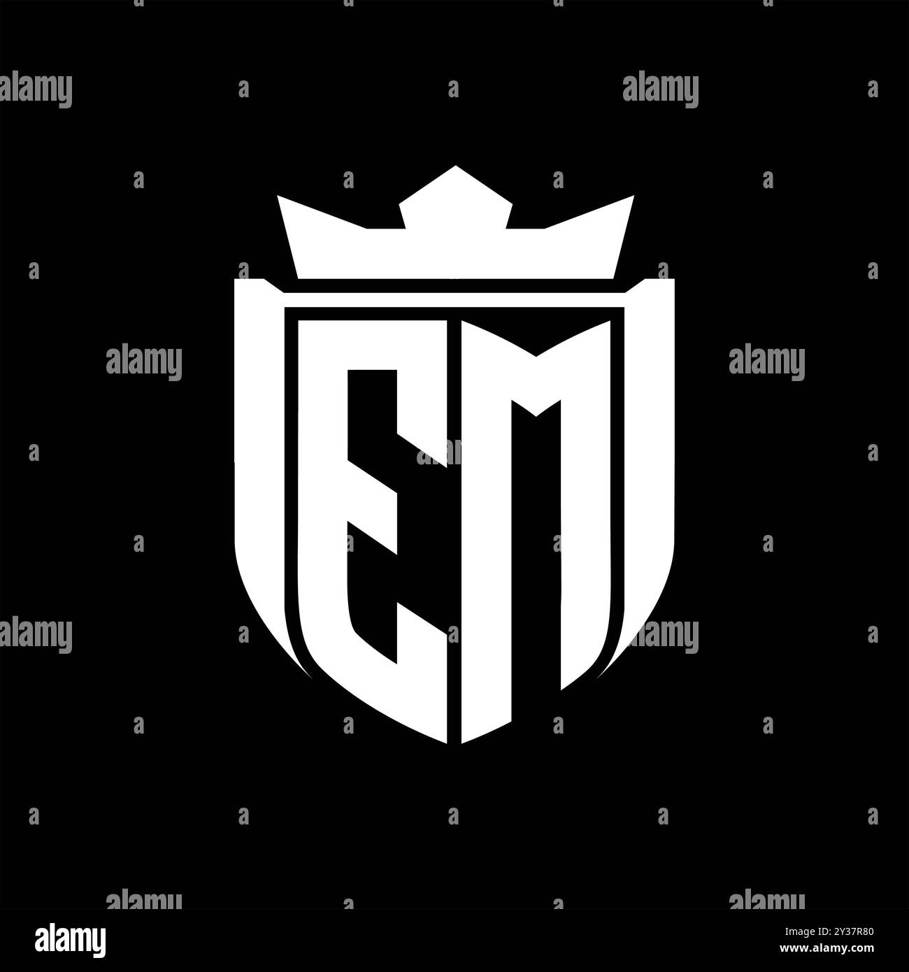 EM Letter logo with shield shape inside shield badge crown on black background template design ...
