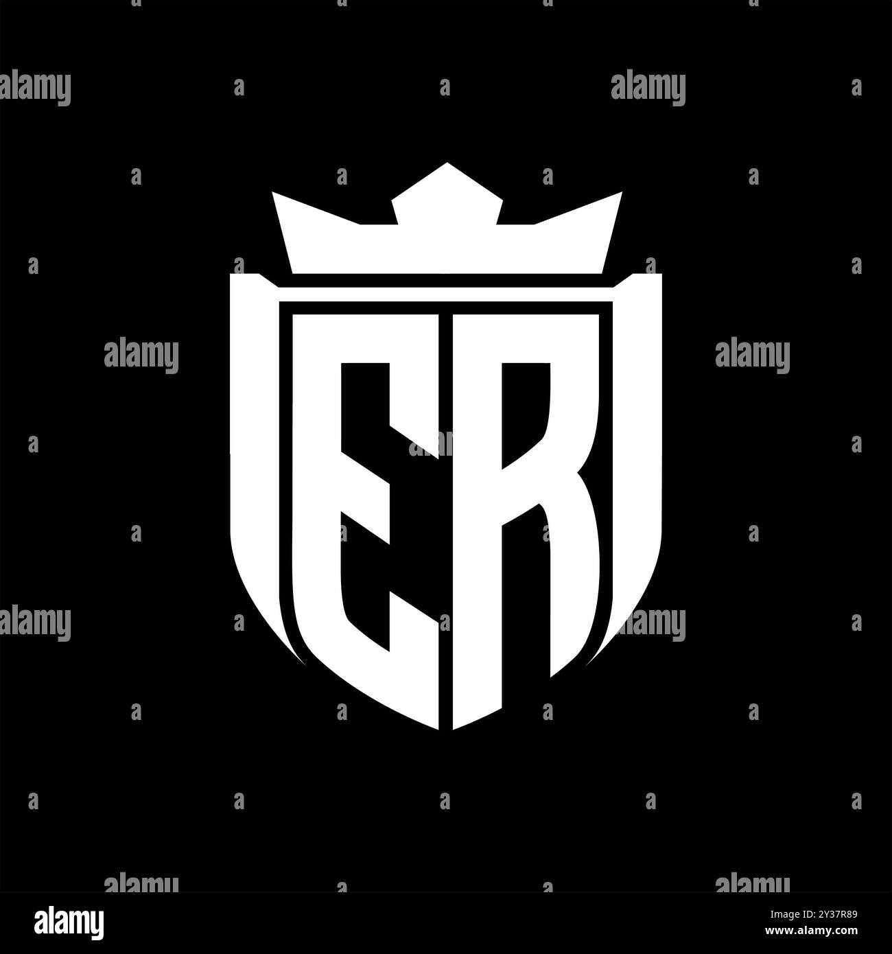 ER Letter logo with shield shape inside shield badge crown on black ...