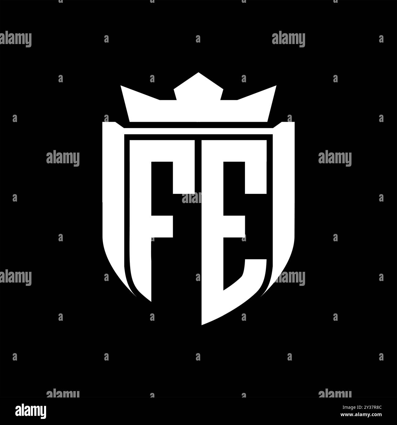 FE Letter logo with shield shape inside shield badge crown on black ...