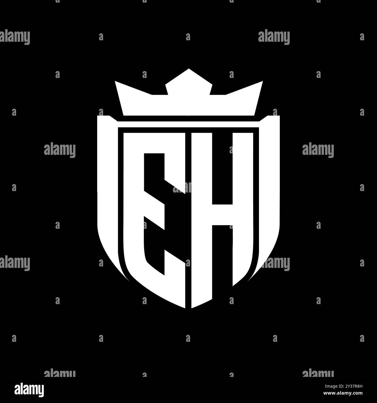 EH Letter logo with shield shape inside shield badge crown on black ...