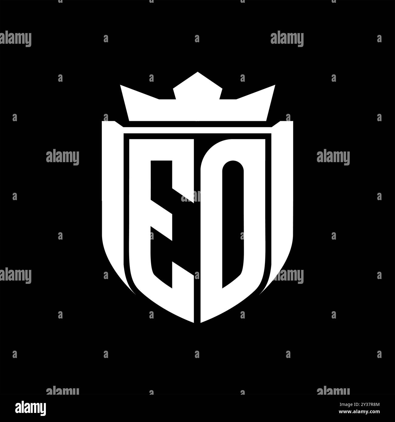 EO Letter logo with shield shape inside shield badge crown on black ...
