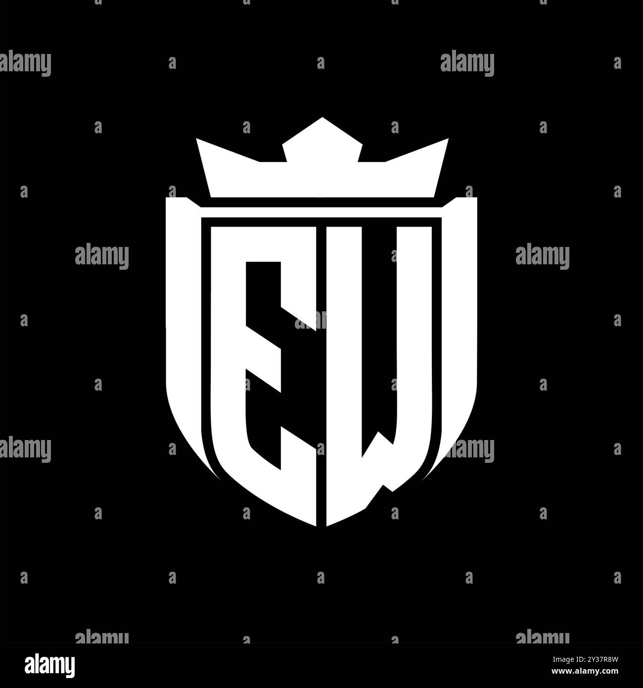 EW Letter logo with shield shape inside shield badge crown on black ...