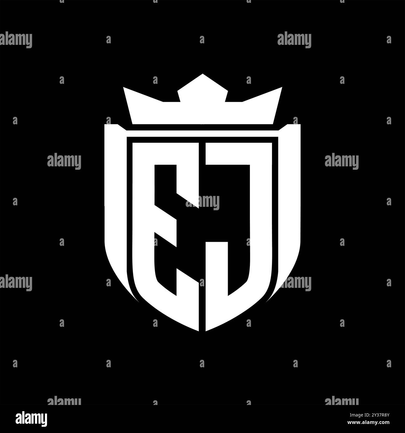 EJ Letter logo with shield shape inside shield badge crown on black ...