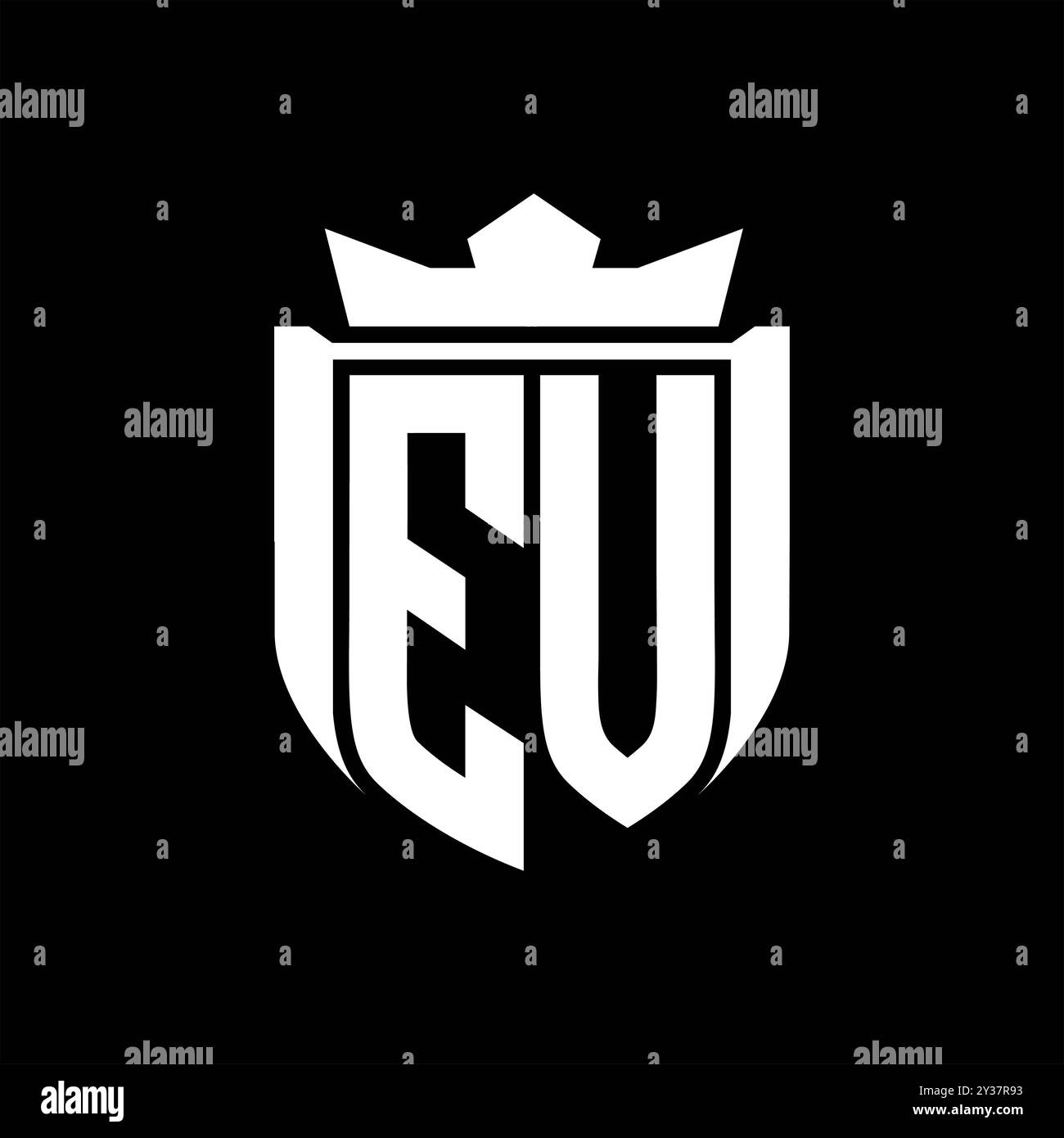 EV Letter logo with shield shape inside shield badge crown on black ...
