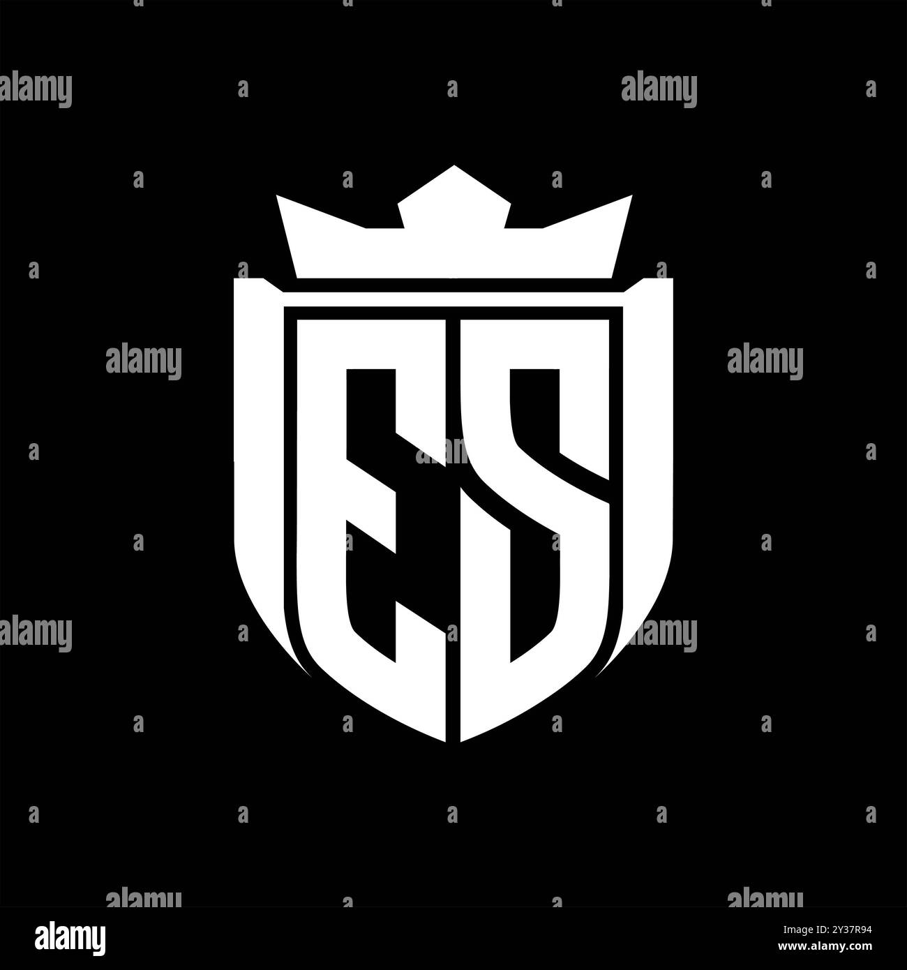 ES Letter logo with shield shape inside shield badge crown on black ...