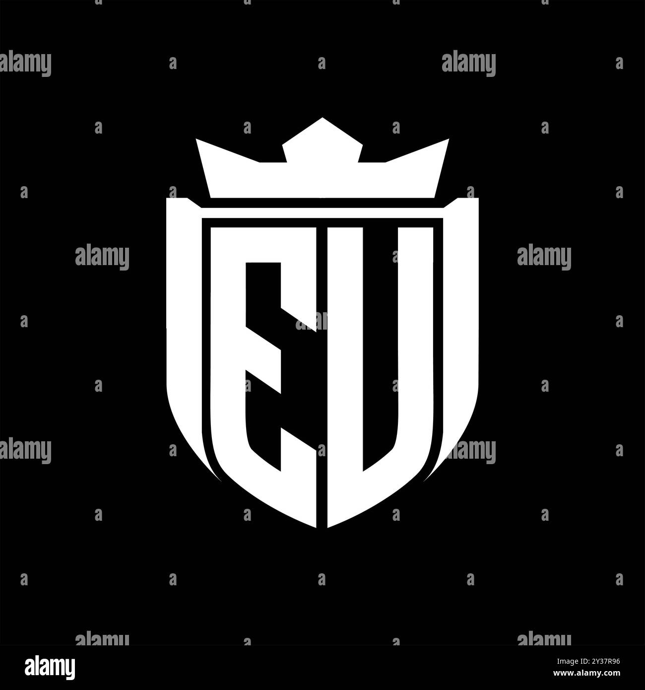 EU Letter logo with shield shape inside shield badge crown on black ...