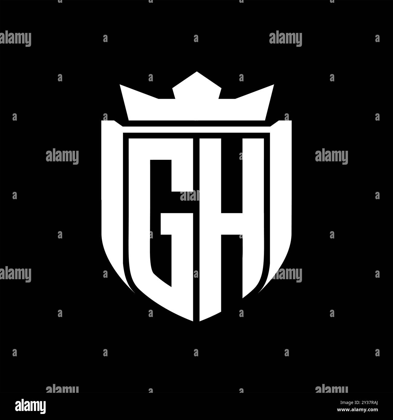 GH Letter logo with shield shape inside shield badge crown on black ...