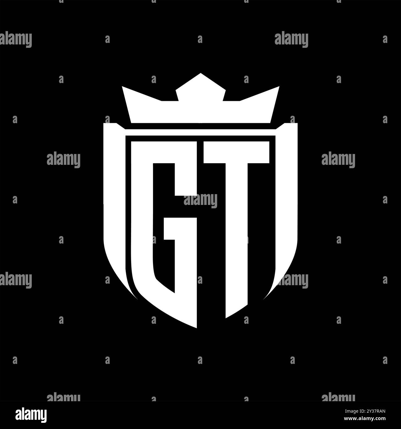 GT Letter logo with shield shape inside shield badge crown on black ...