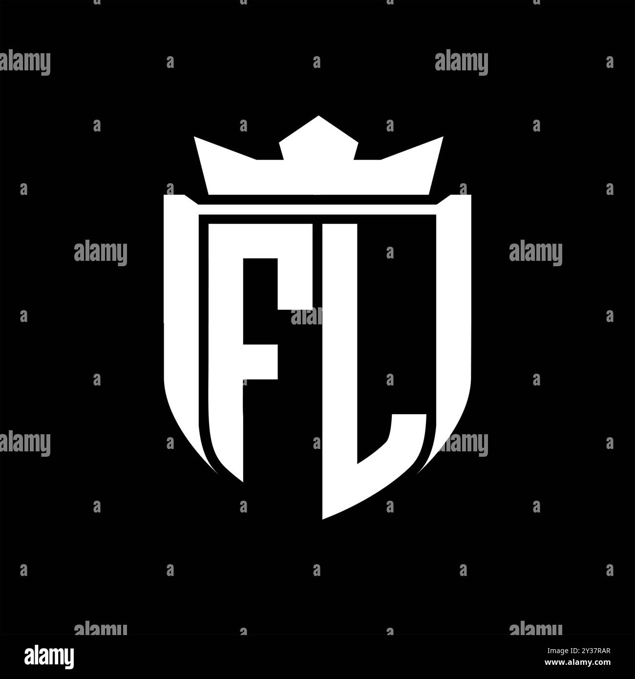 FL Letter logo with shield shape inside shield badge crown on black ...