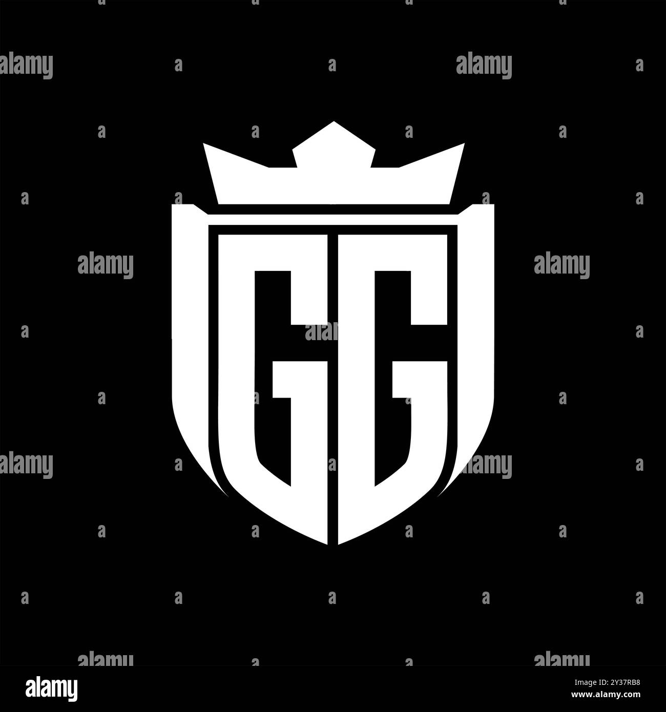 GG Letter logo with shield shape inside shield badge crown on black ...