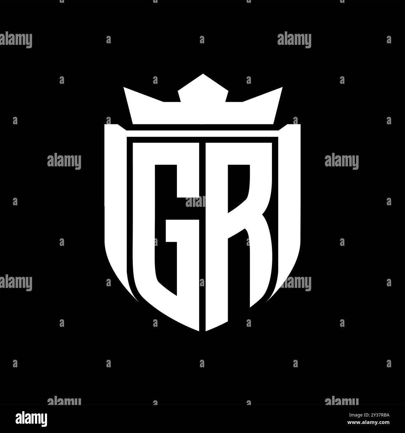 GR Letter logo with shield shape inside shield badge crown on black ...
