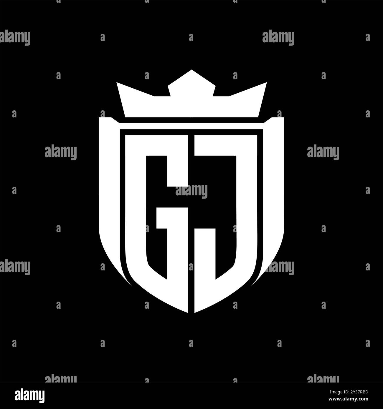 GJ Letter logo with shield shape inside shield badge crown on black ...