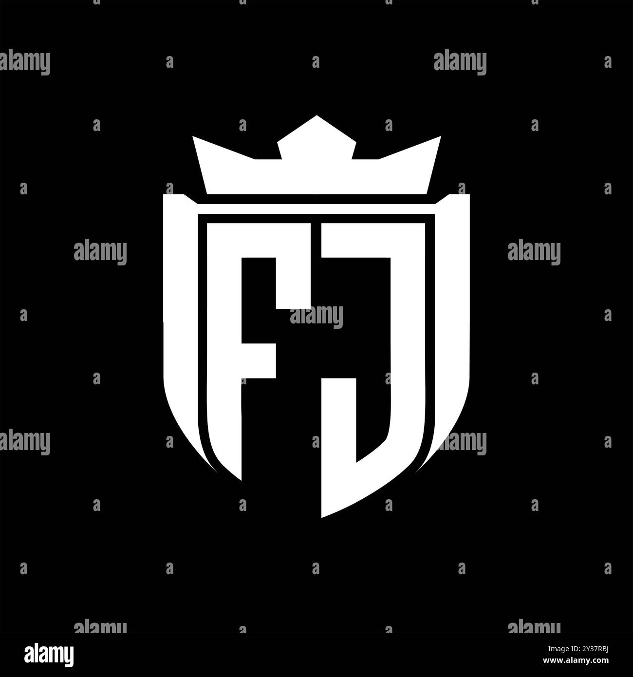 FJ Letter logo with shield shape inside shield badge crown on black ...
