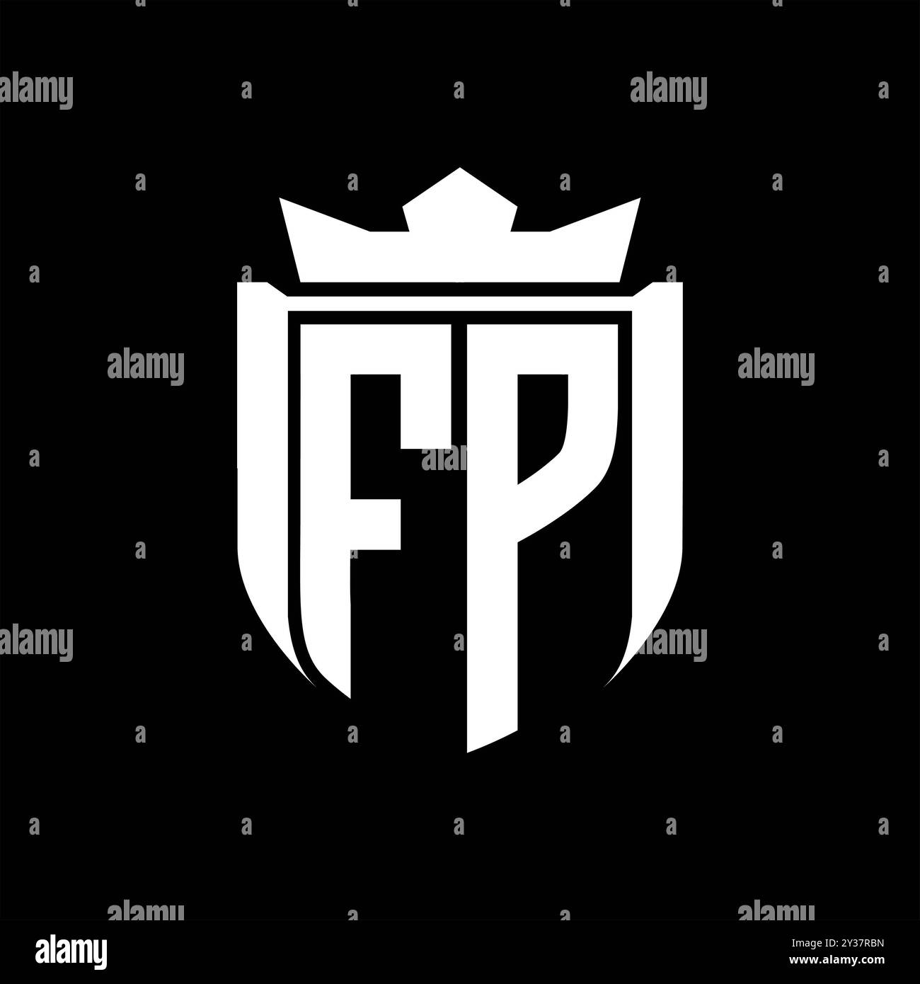 FP Letter logo with shield shape inside shield badge crown on black ...