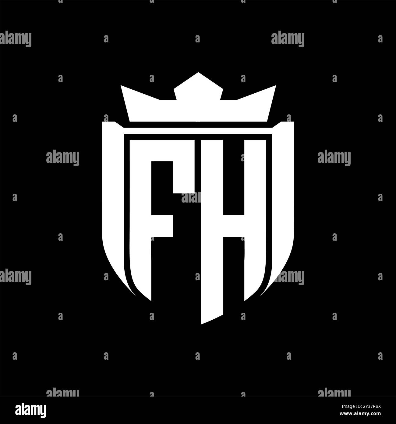 FH Letter logo with shield shape inside shield badge crown on black ...