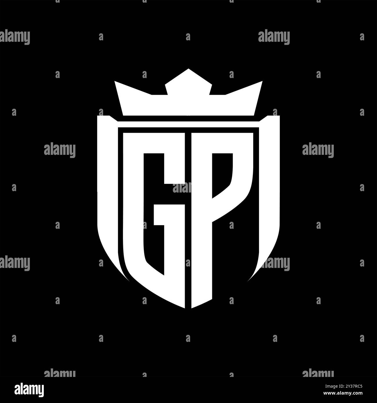 GP Letter logo with shield shape inside shield badge crown on black ...