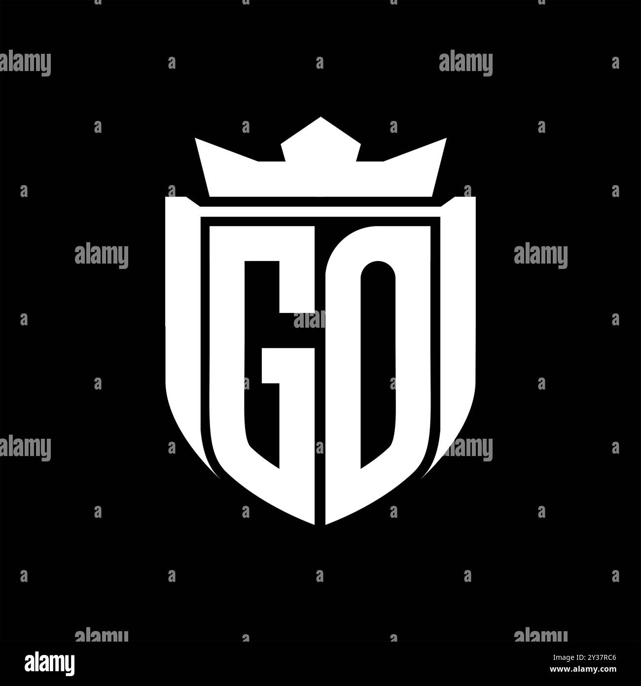 GO Letter logo with shield shape inside shield badge crown on black ...