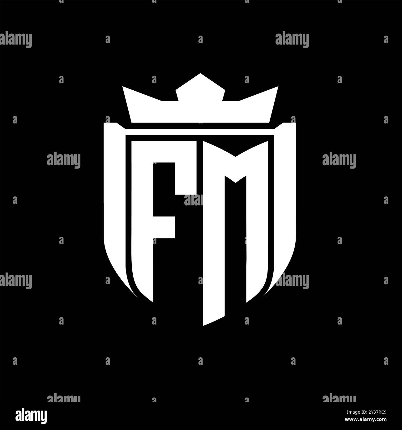 FM Letter logo with shield shape inside shield badge crown on black ...