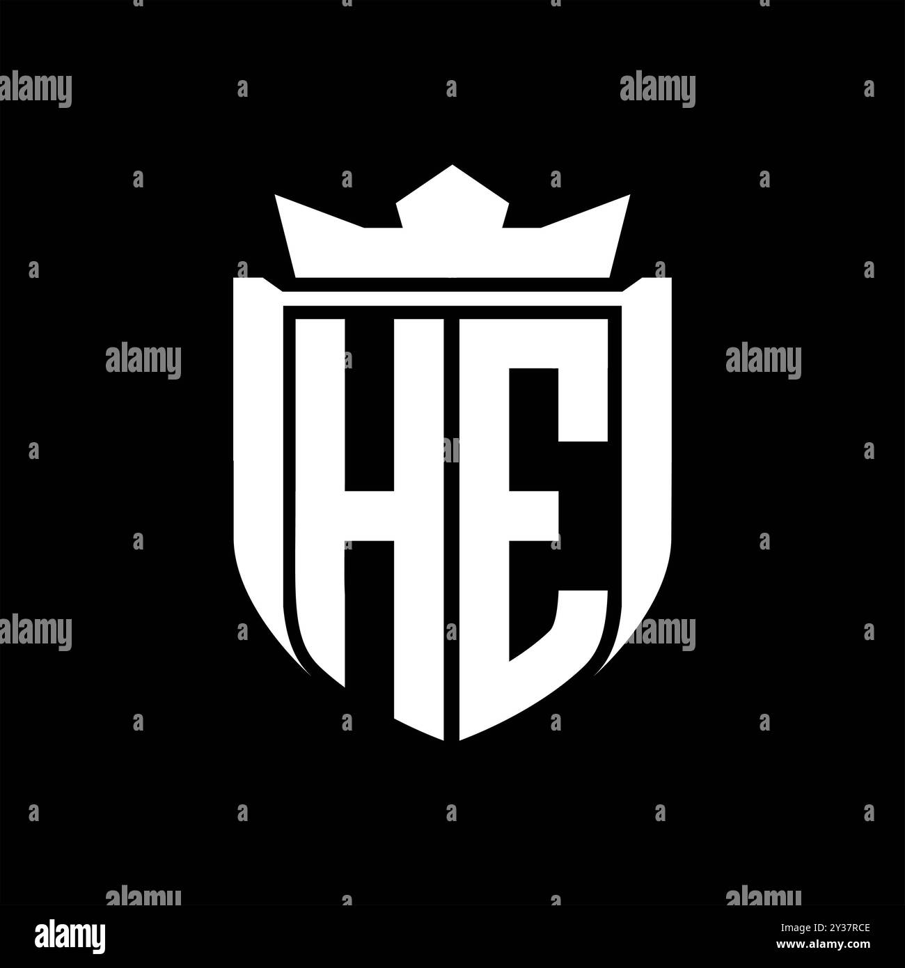 HE Letter logo with shield shape inside shield badge crown on black background template design ...