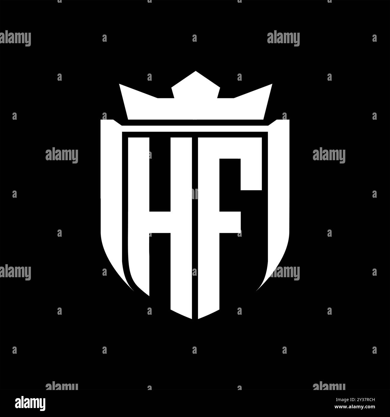 HF Letter logo with shield shape inside shield badge crown on black ...