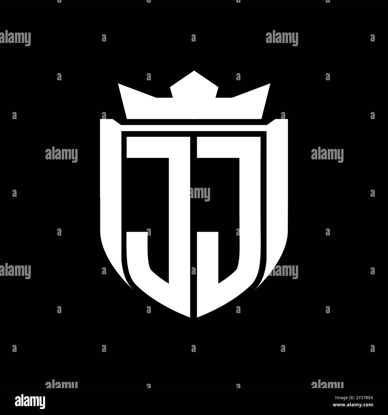 JJ Letter logo with shield shape inside shield badge crown on black ...
