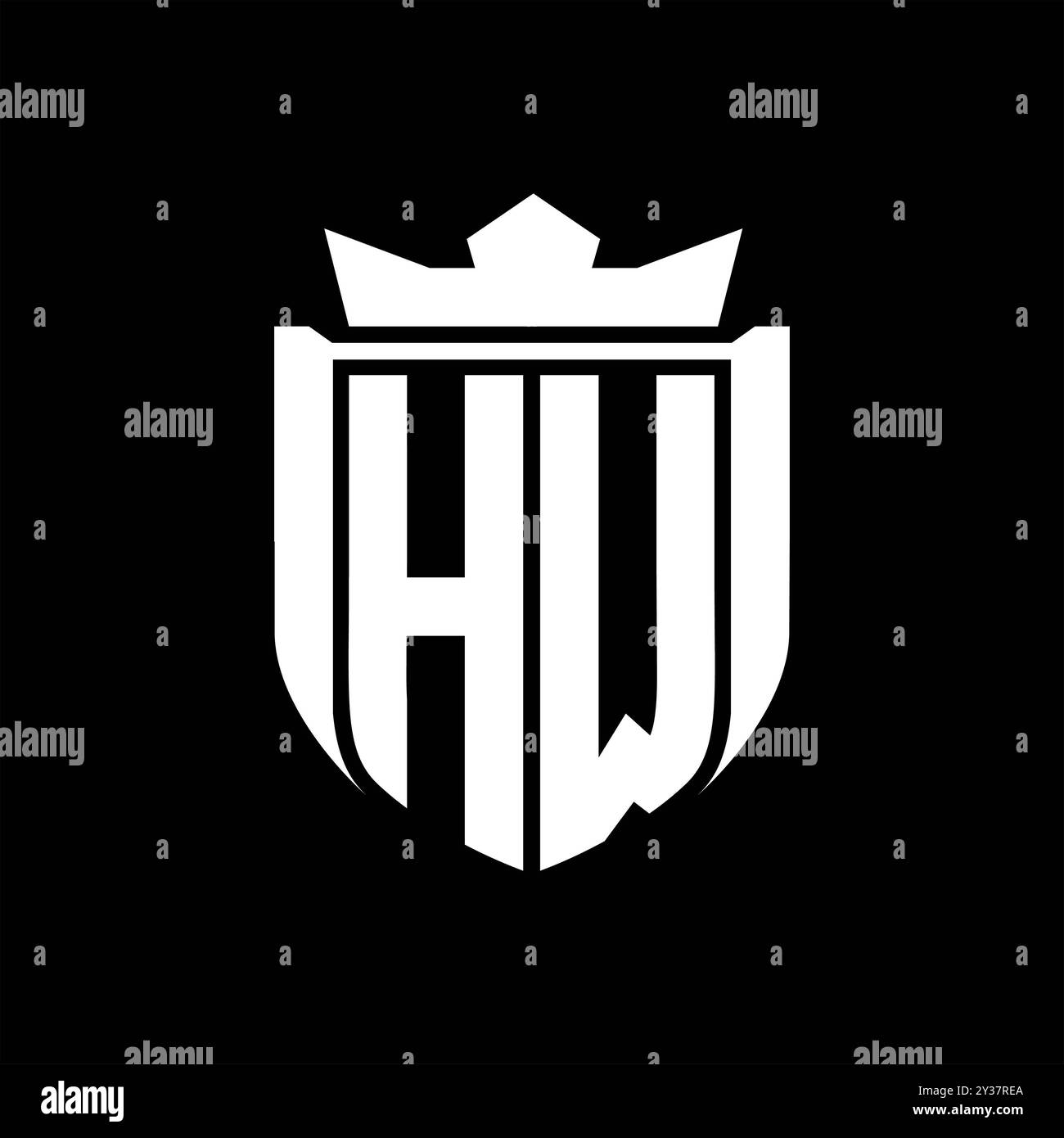 HW Letter logo with shield shape inside shield badge crown on black ...