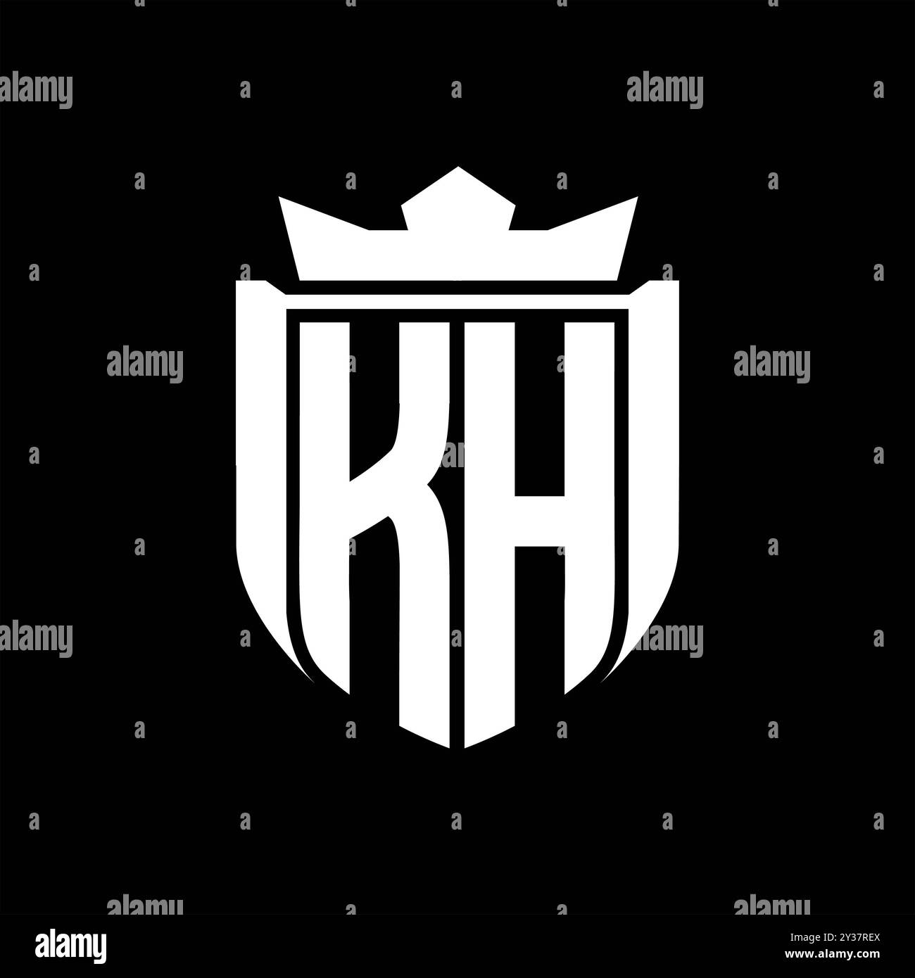 KH Letter logo with shield shape inside shield badge crown on black ...