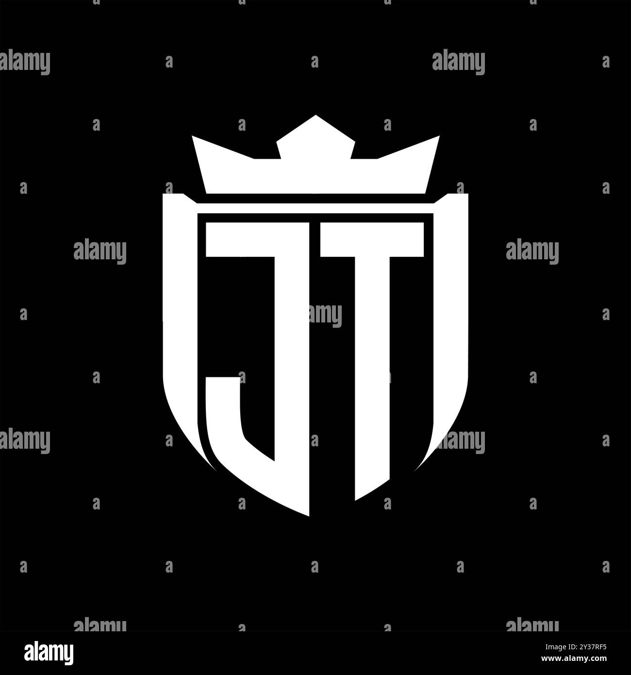 JT Letter logo with shield shape inside shield badge crown on black ...