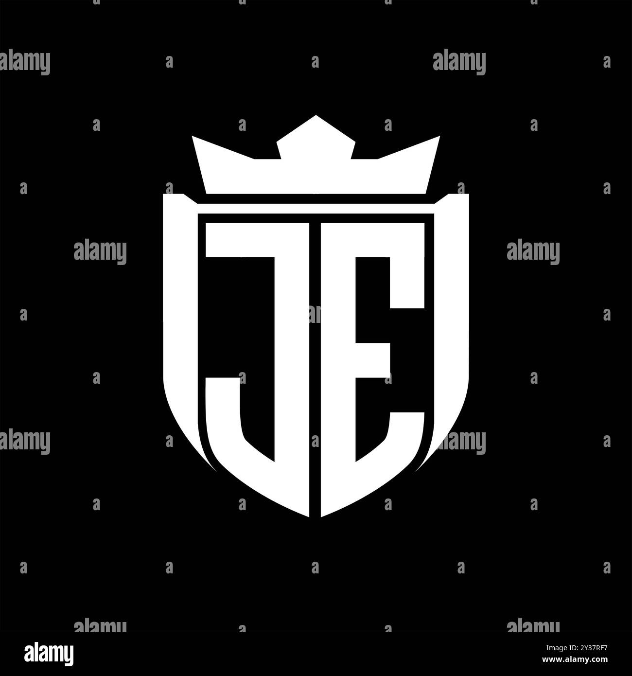 JE Letter logo with shield shape inside shield badge crown on black ...