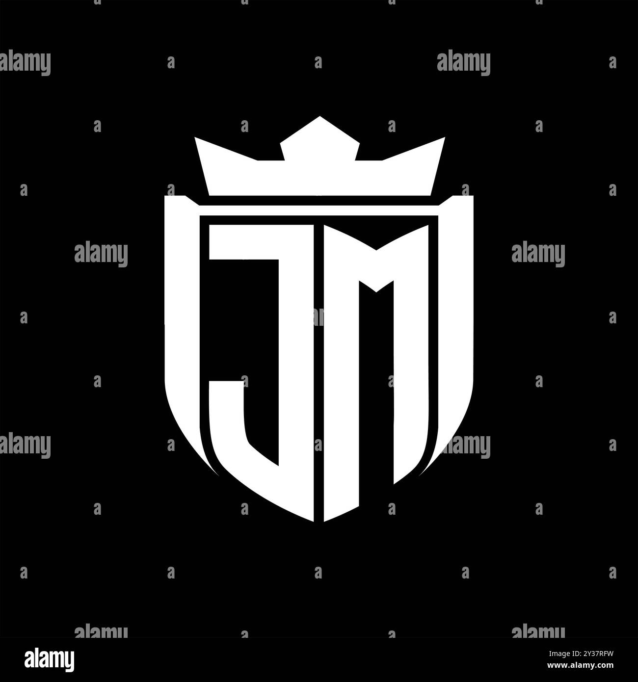 JM Letter logo with shield shape inside shield badge crown on black ...