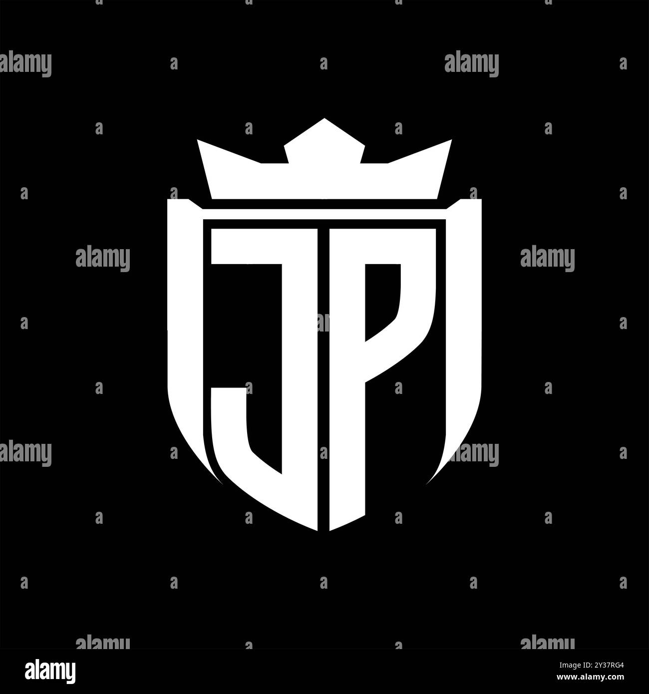 JP Letter logo with shield shape inside shield badge crown on black ...