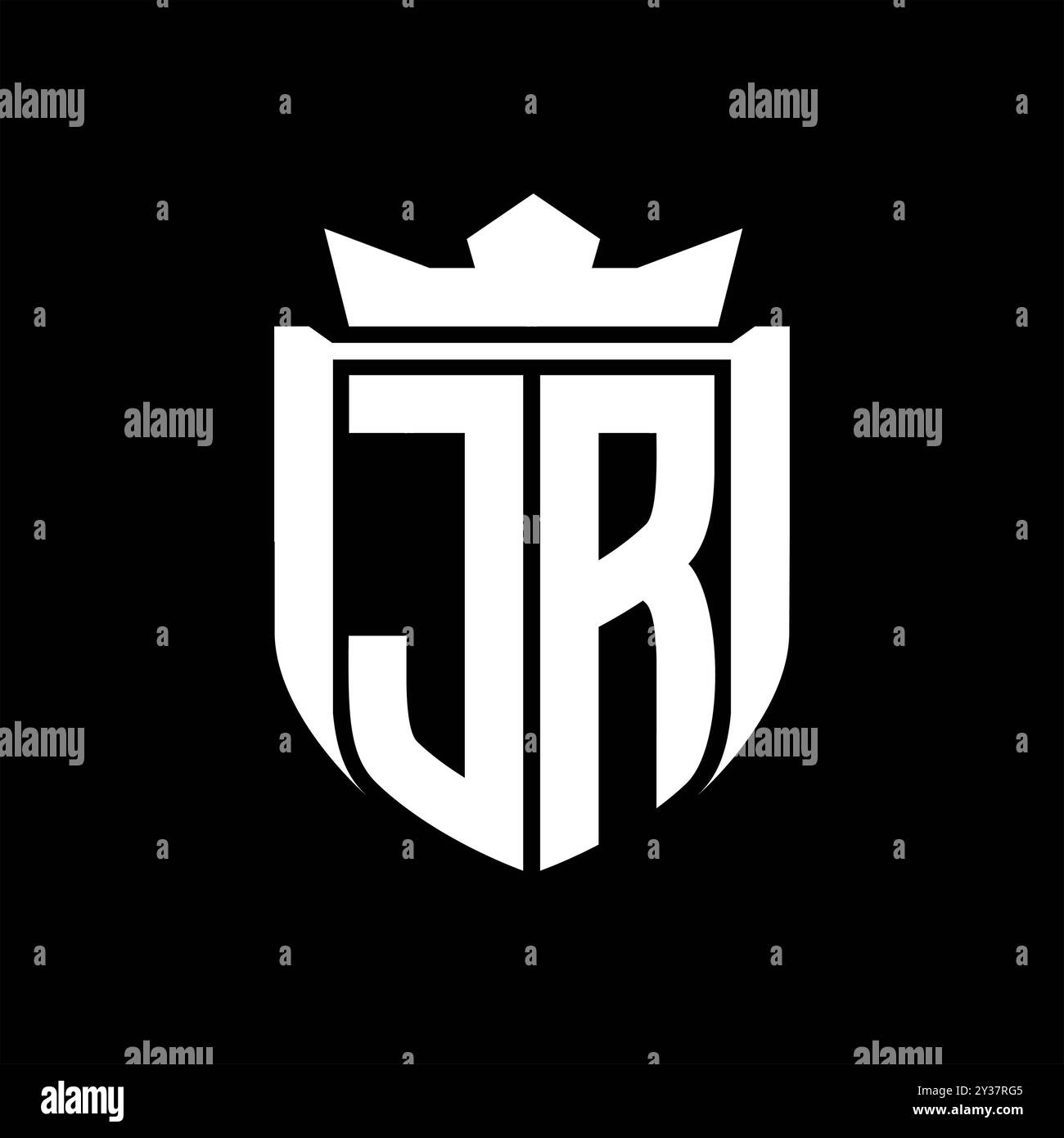 JR Letter logo with shield shape inside shield badge crown on black ...