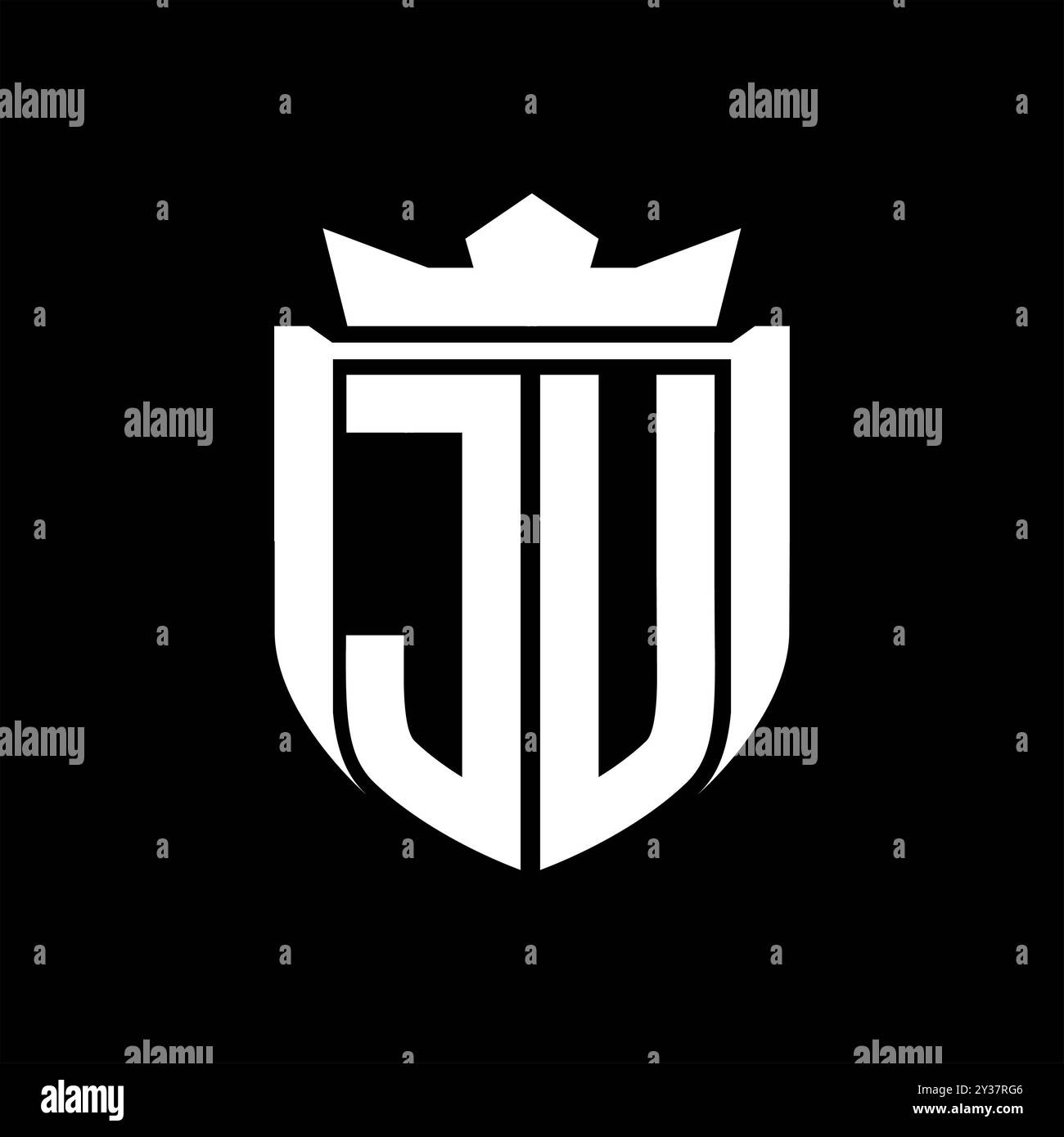JU Letter logo with shield shape inside shield badge crown on black ...