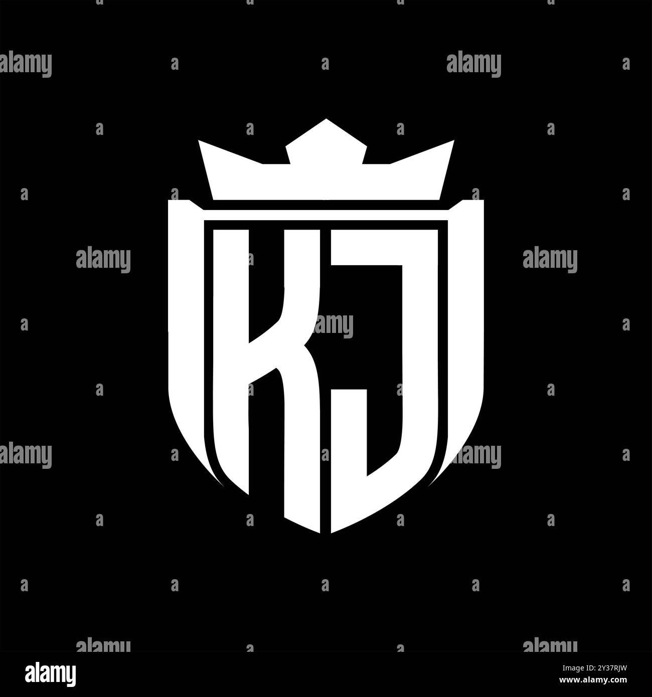 KJ Letter logo with shield shape inside shield badge crown on black ...