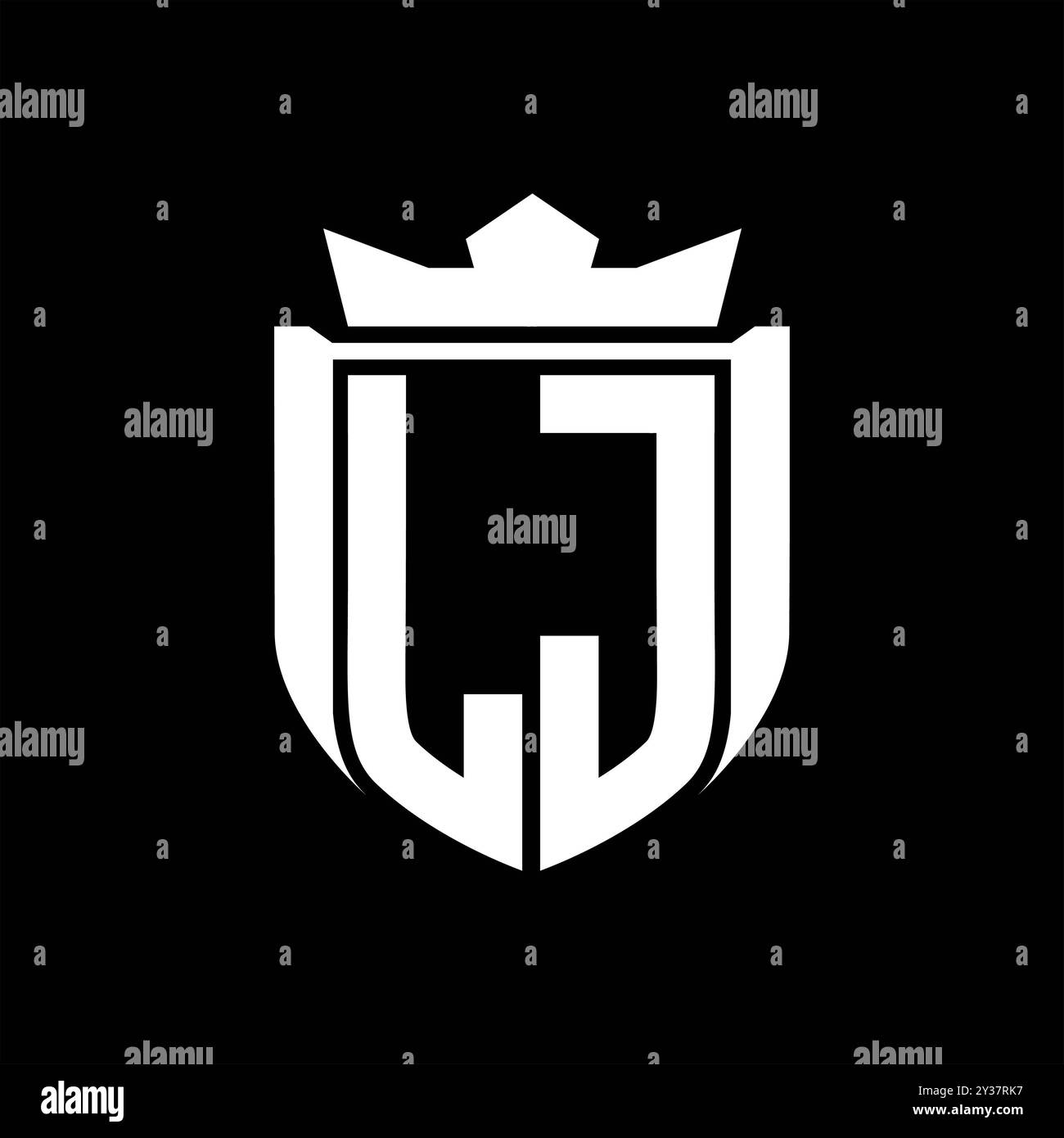 LJ Letter logo with shield shape inside shield badge crown on black background template design ...