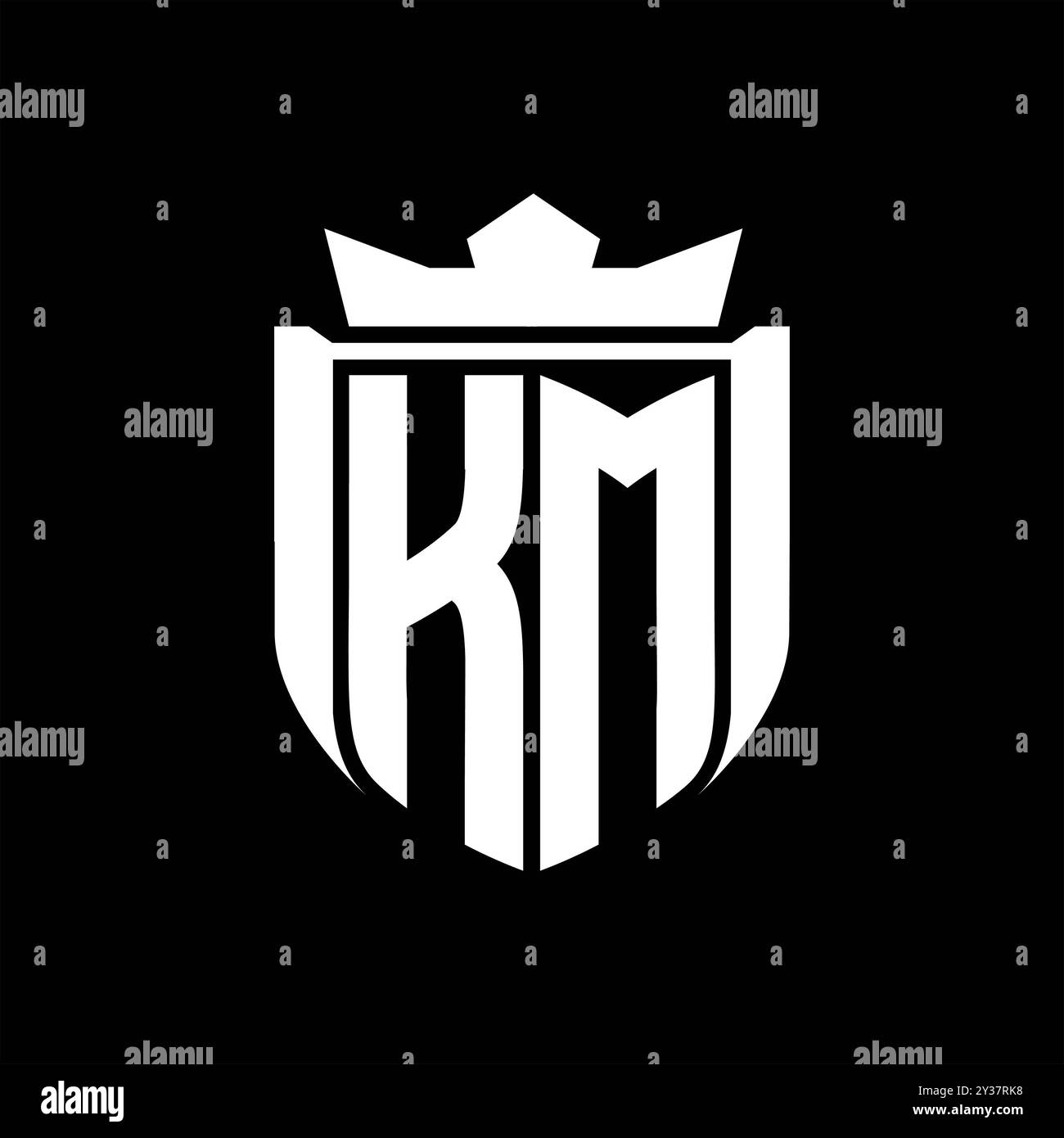 KM Letter logo with shield shape inside shield badge crown on black ...