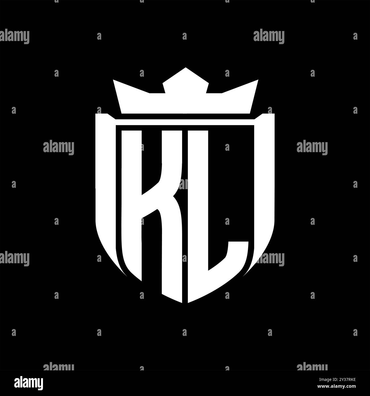 KL Letter logo with shield shape inside shield badge crown on black ...