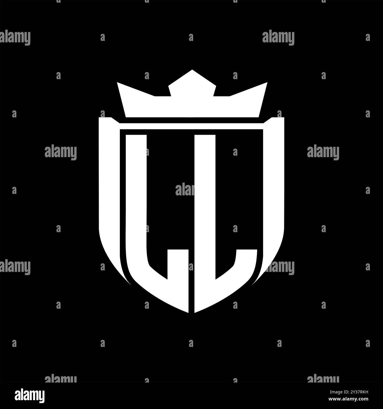 LL Letter logo with shield shape inside shield badge crown on black ...