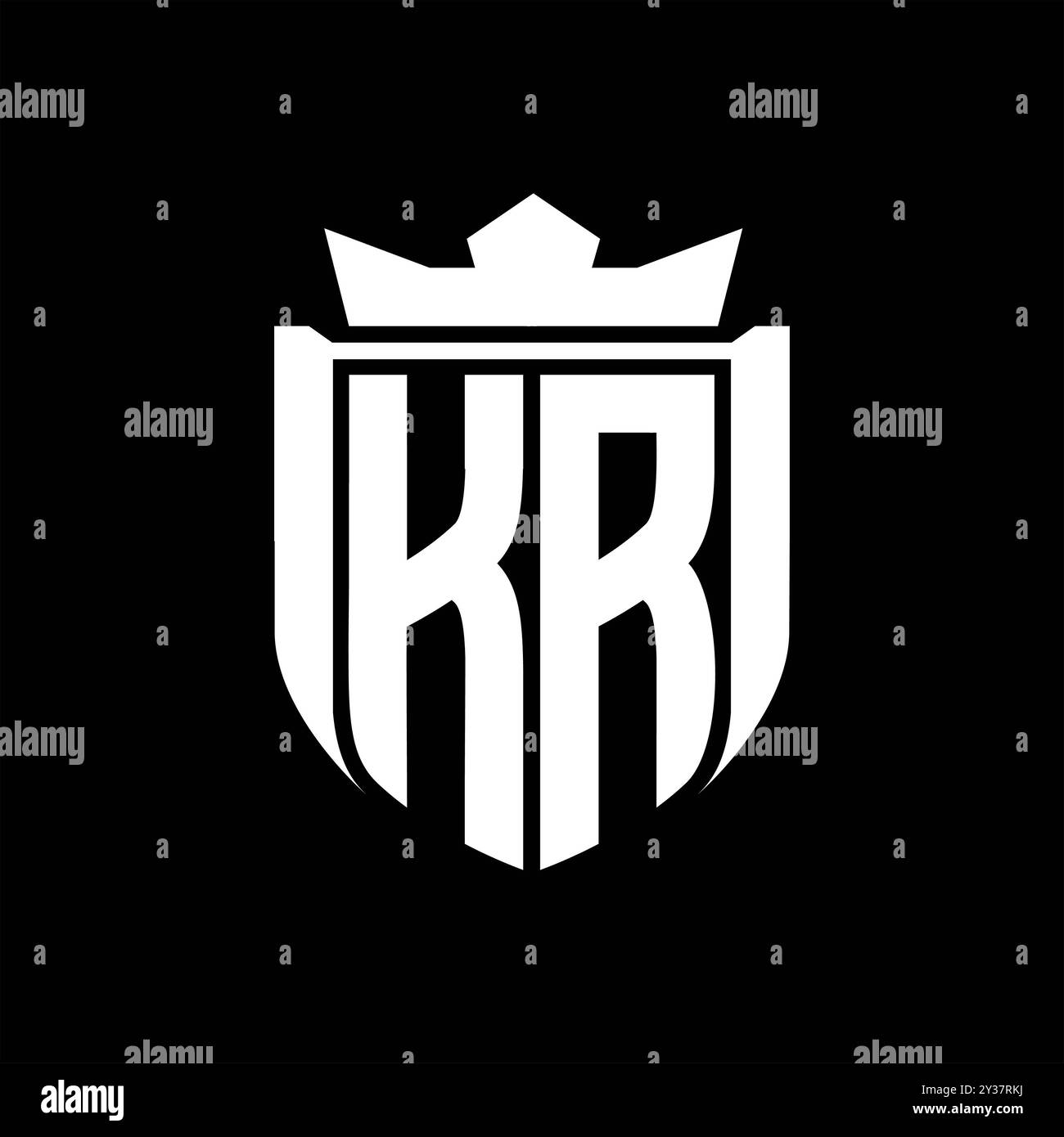 KR Letter logo with shield shape inside shield badge crown on black ...