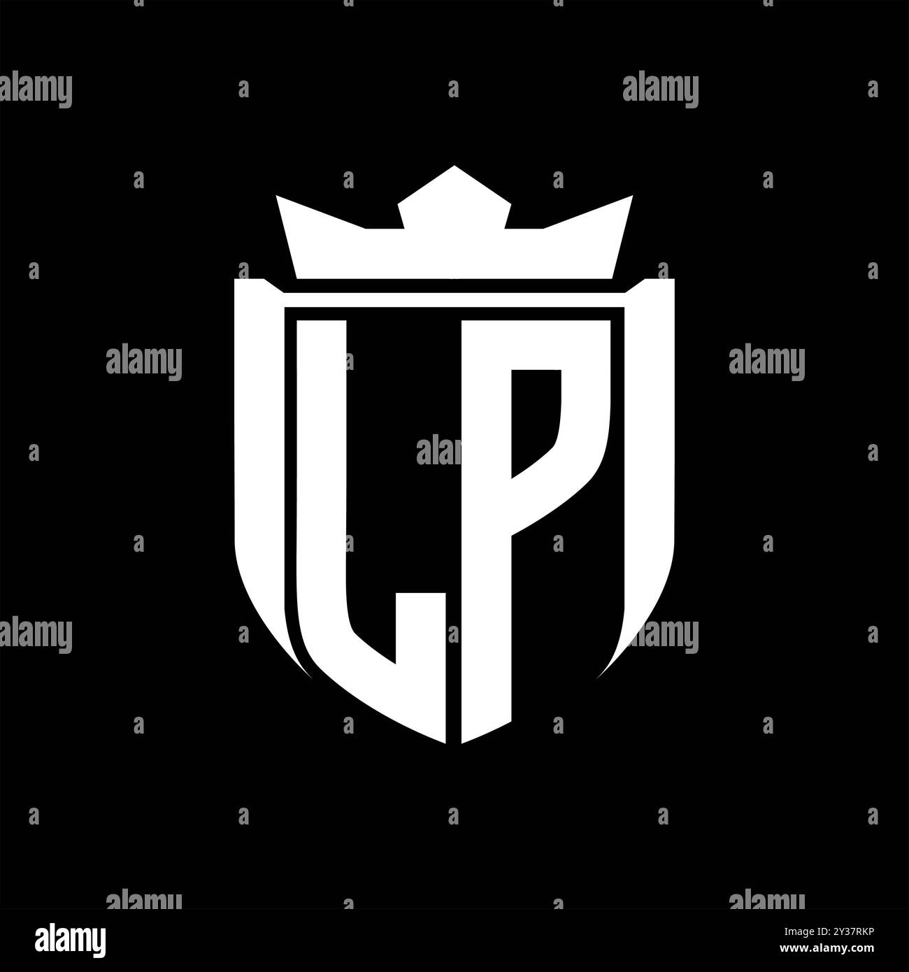 LP Letter logo with shield shape inside shield badge crown on black background template design ...