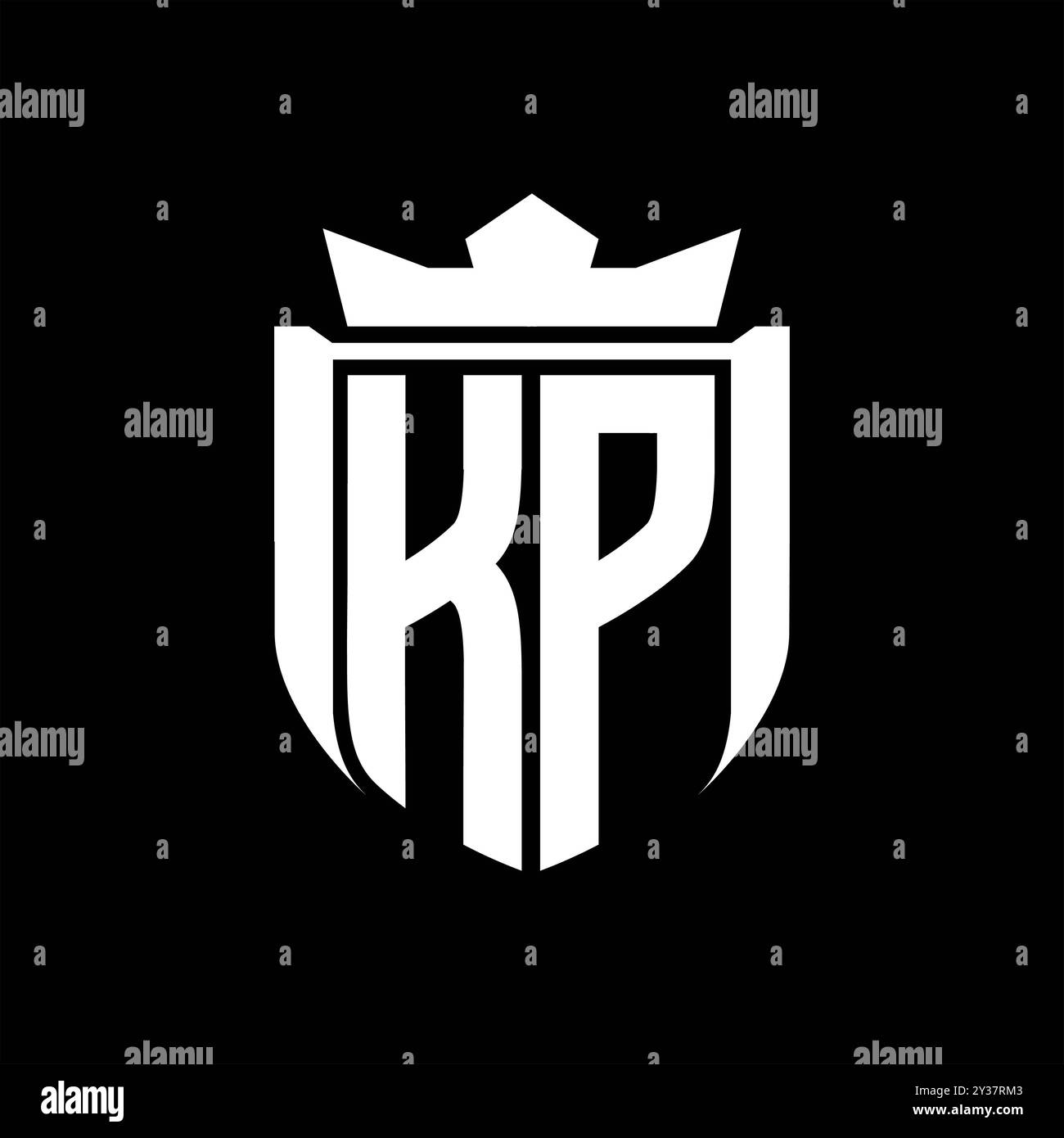 KP Letter logo with shield shape inside shield badge crown on black ...