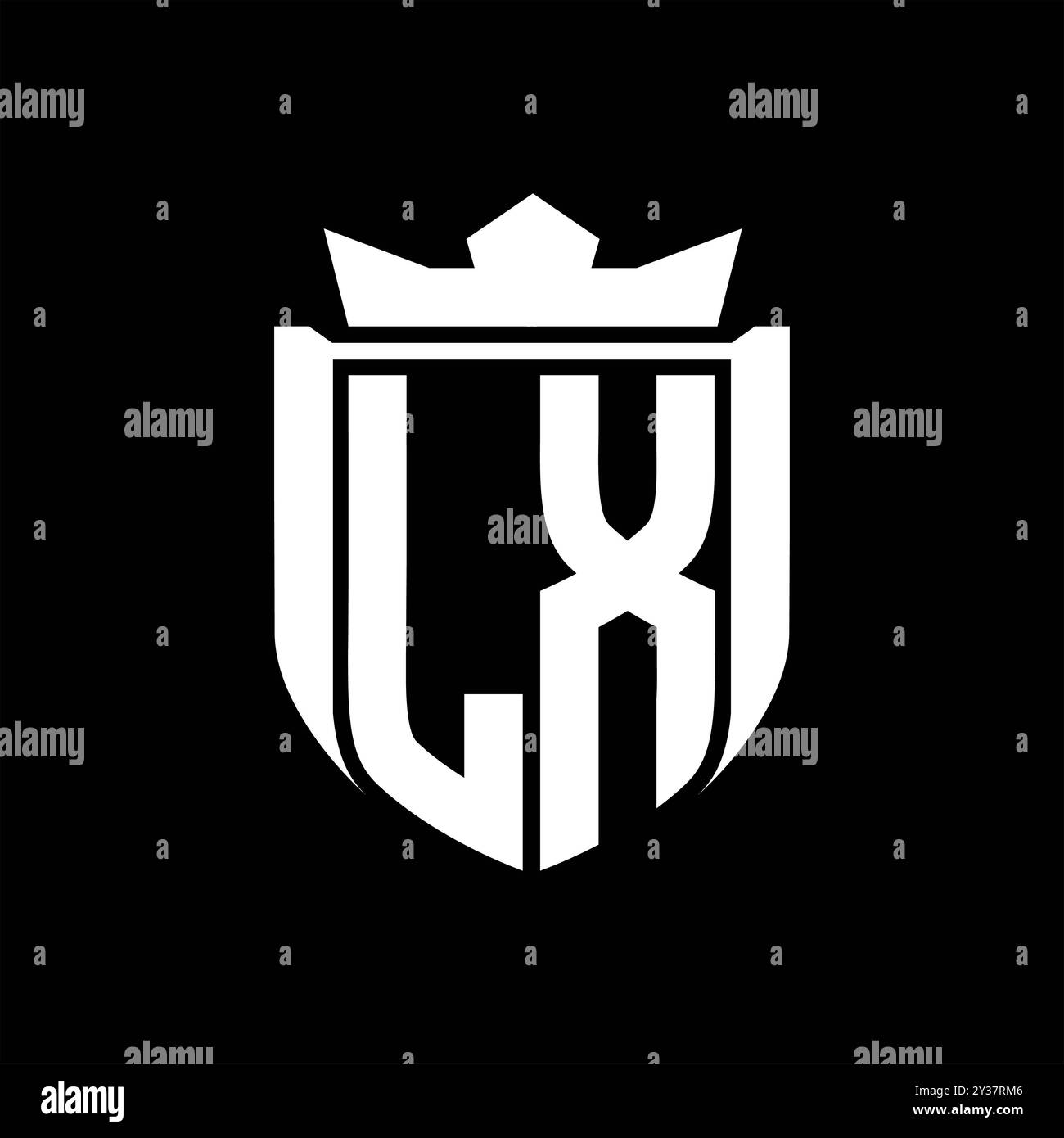 LX Letter logo with shield shape inside shield badge crown on black background template design ...