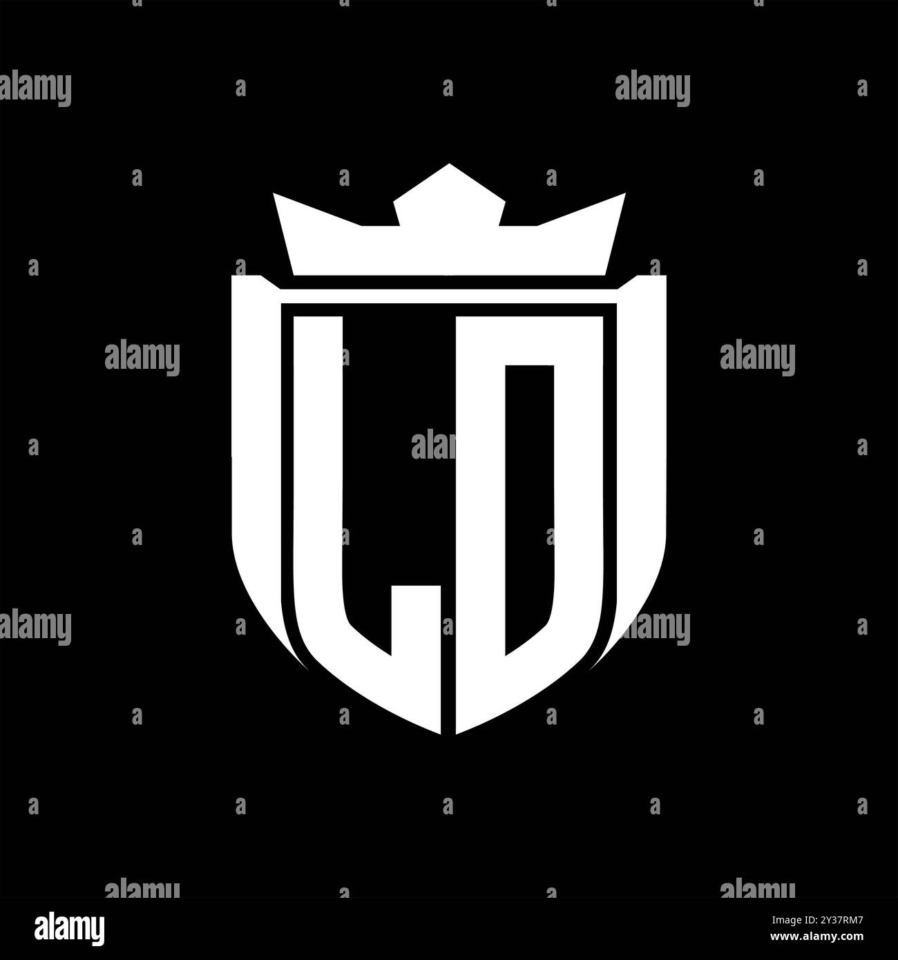 LD Letter logo with shield shape inside shield badge crown on black background template design ...